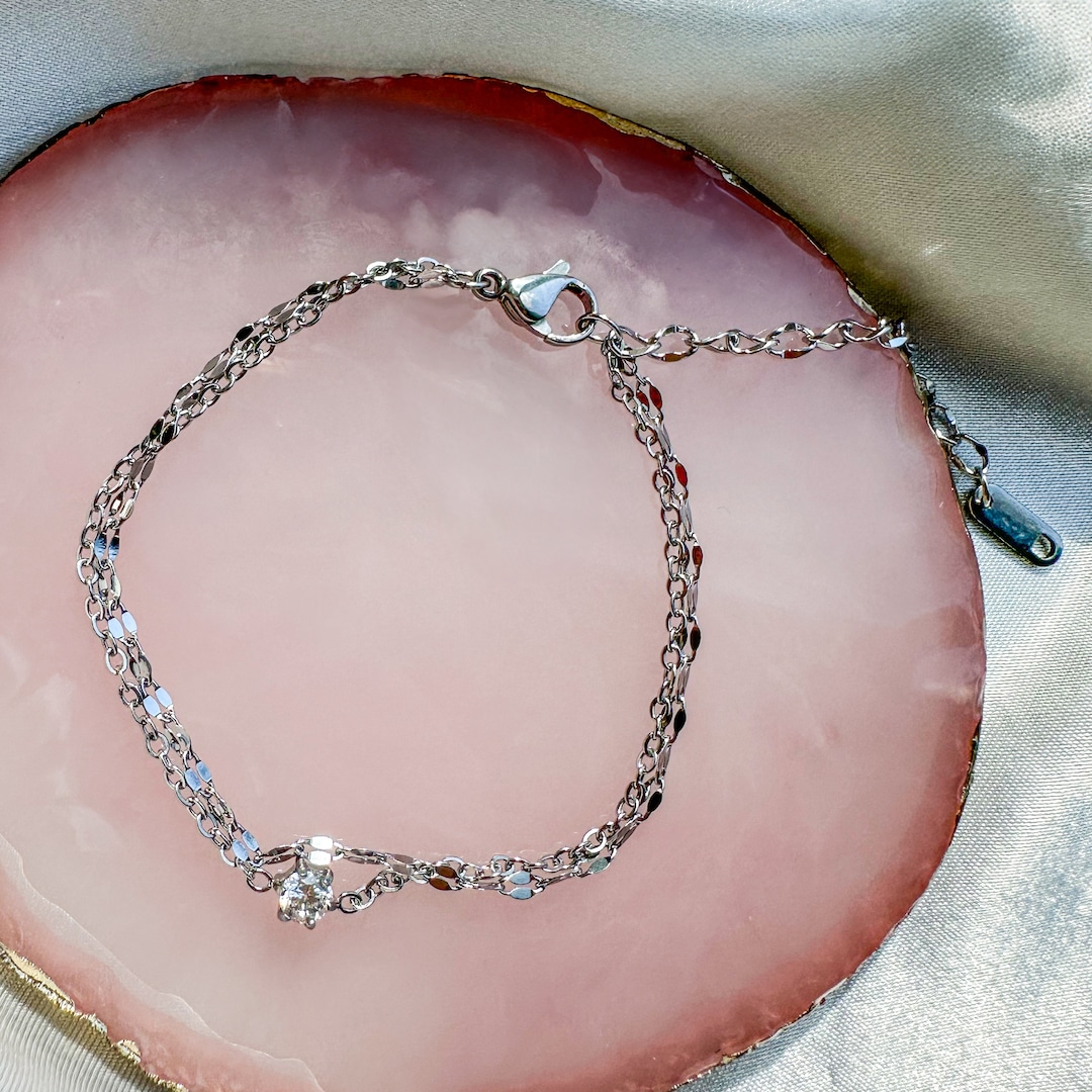 Delicate Double Silver Chain Diamond Bracelet - Etsy