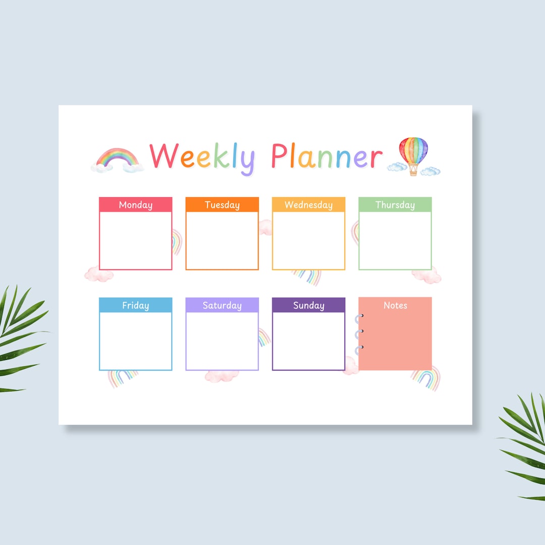 Colorful Rainbow Kids Weekly Planner, Kids Schedule Organizer, Rainbow ...