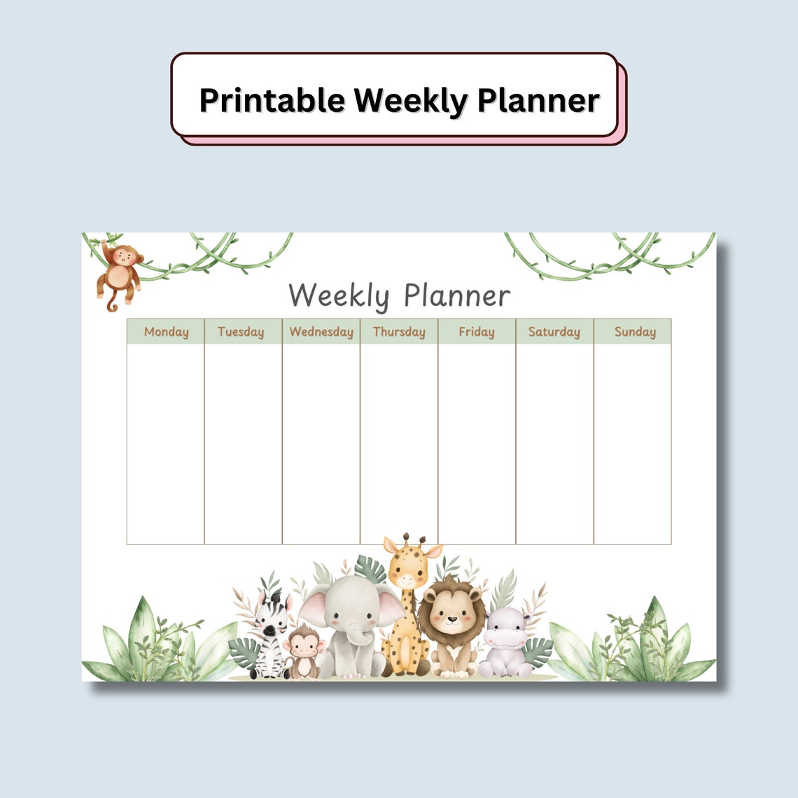 Safari Themed Kids Weekly Planner, Kids Schedule Organizer, Safari ...