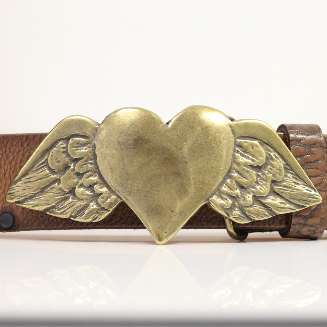 Belt Buckle Heart With Wings, Brass Heart Belt Buckle, Winged Heart ...