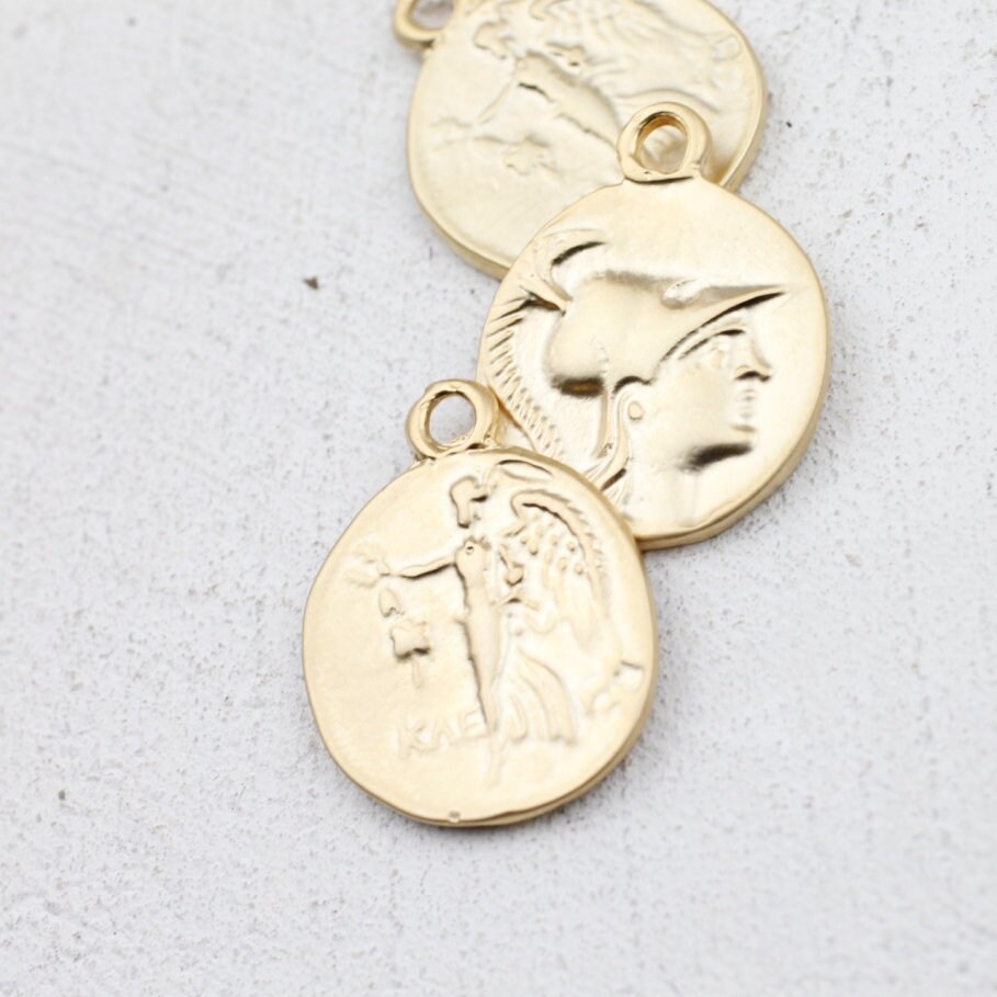 5 Roman Soldier Charms, Warrior Coin Charms, Matte Gold Plated, Zamak ...