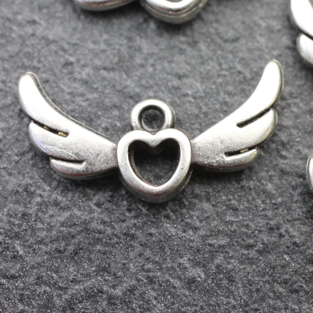 10 Winged Heart Charms,angel Wings, Heart Charms, Antique Silver Charms ...