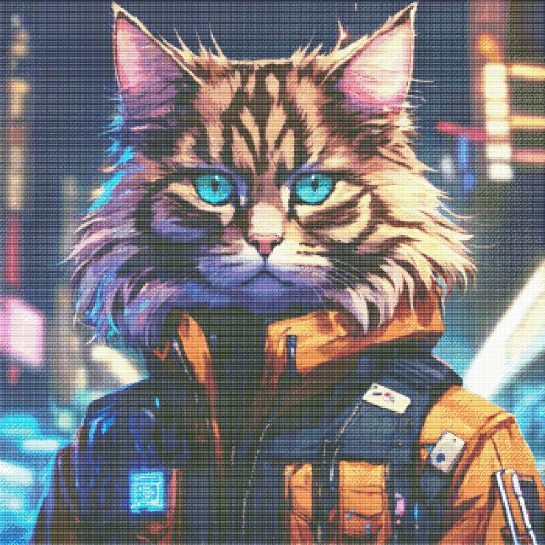 Cyberpunk Cat Tactical Suit Neon Futuristic Cross Stitch Pattern PDF ...