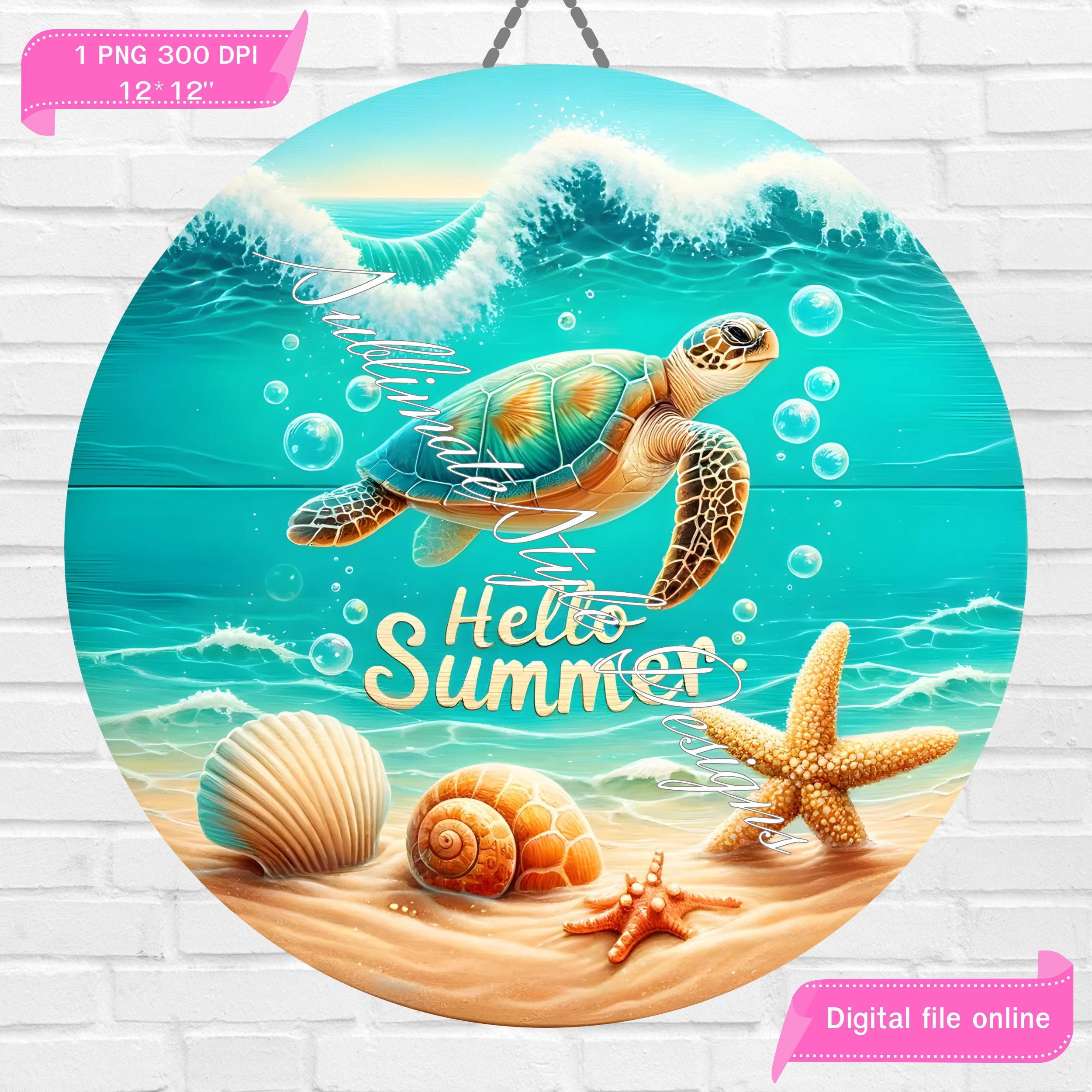 Sea Turtle Hello Summer Wreath Sign, Shells Beach Sign Png,summer Round ...