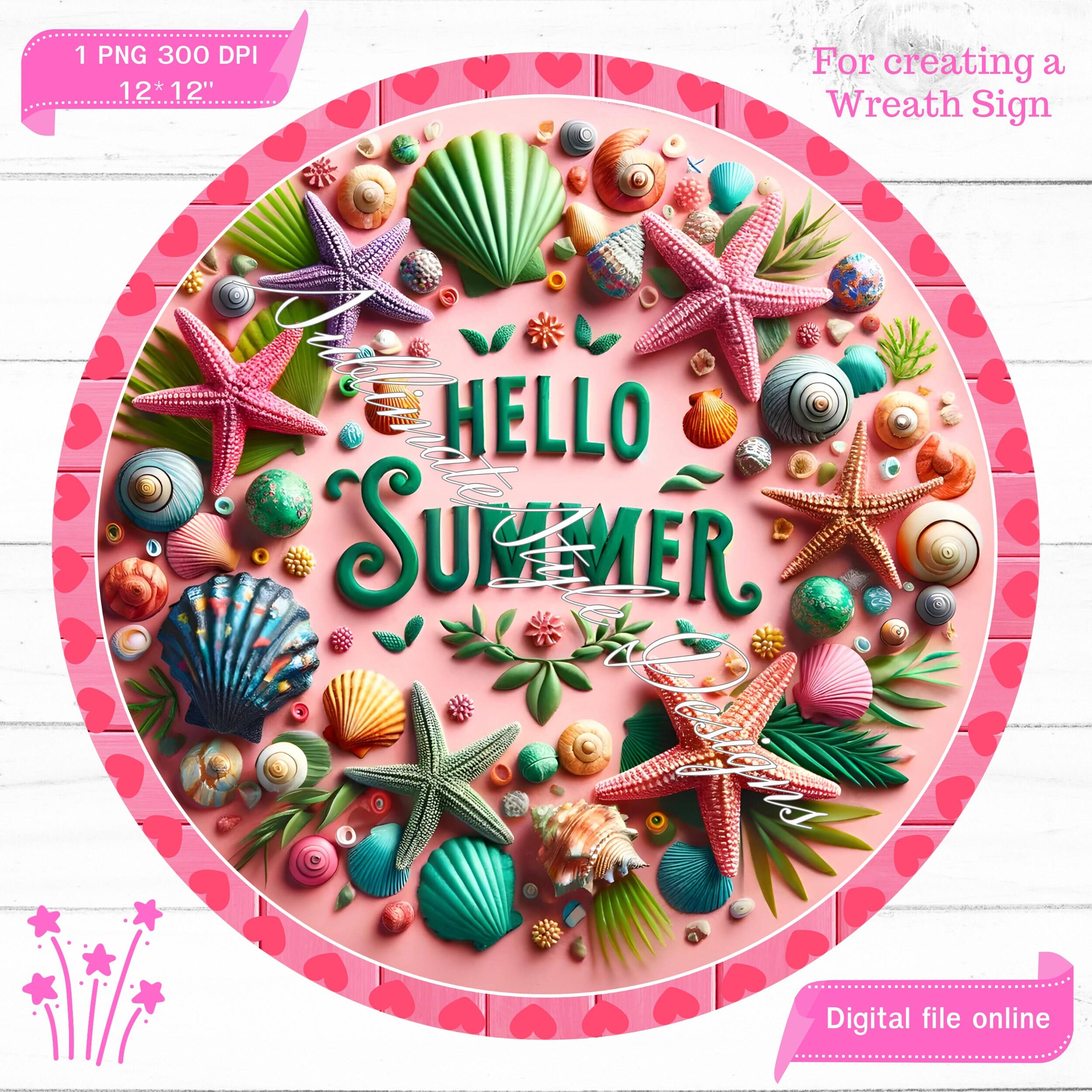 Hello Summer Wreath Sign, Shells Sea Beach Circle Sign Png, Summer ...