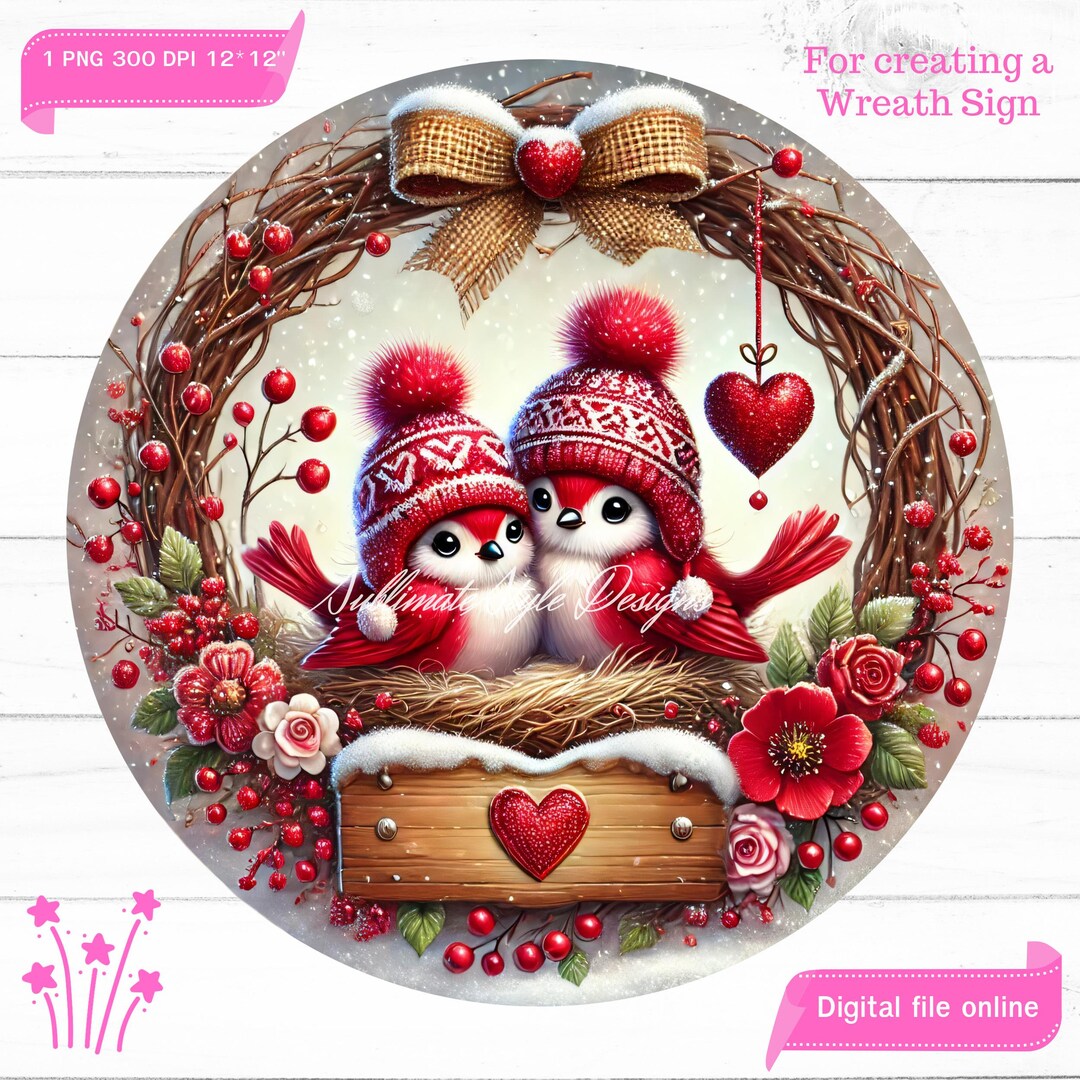 Valentine Love Birds Wreath Sign, Romantic Red Birds Round Sign ...