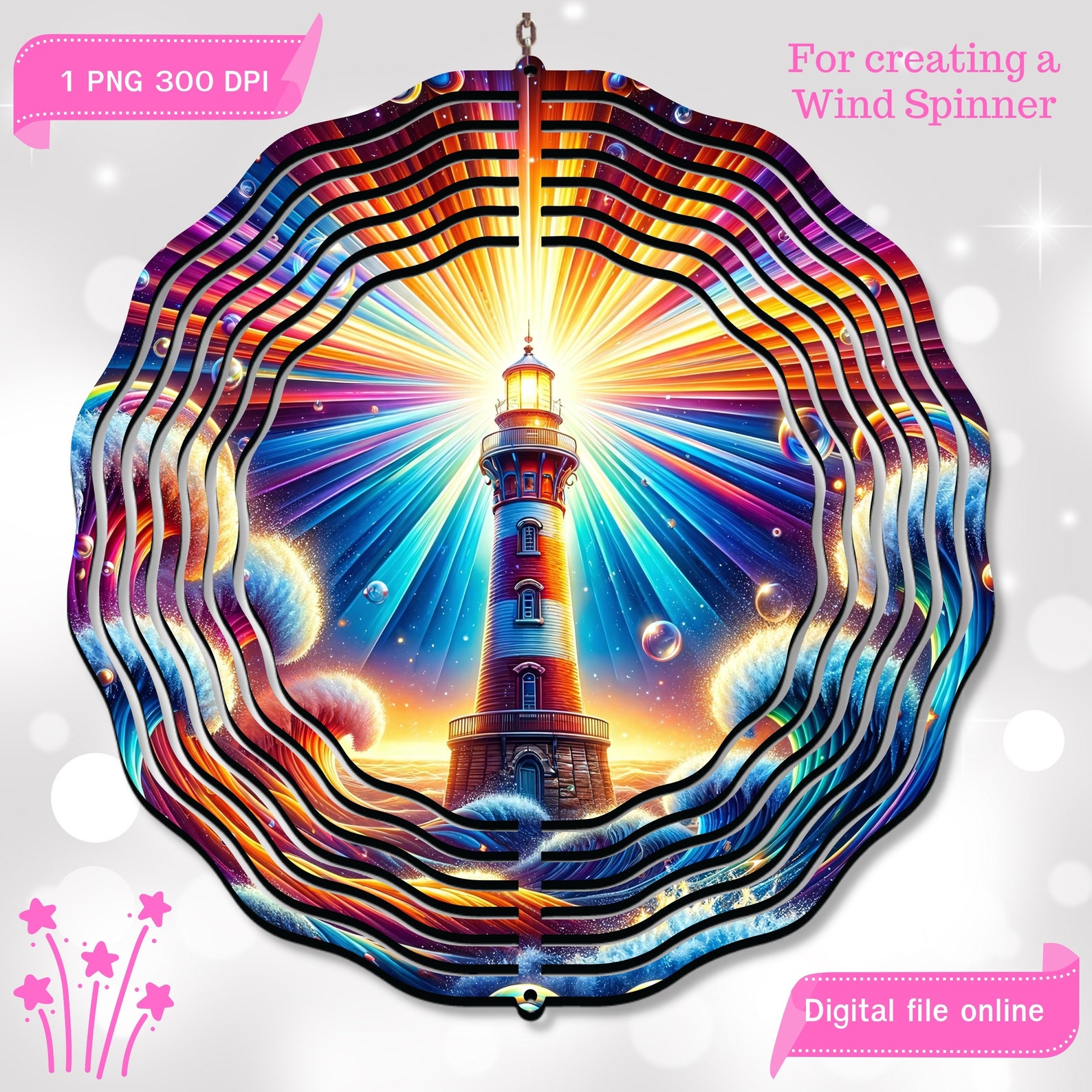 Vibrant Lighthouse and Ocean Waves Wind Spinner Sublimation Design ...