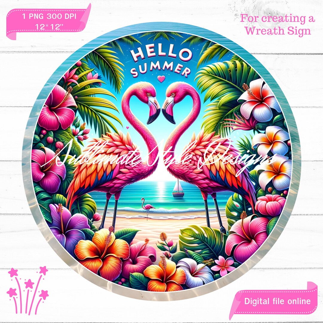 Hello Summer Pink Flamingo Wreath Sign, Circle Sign Png, Summer Round ...