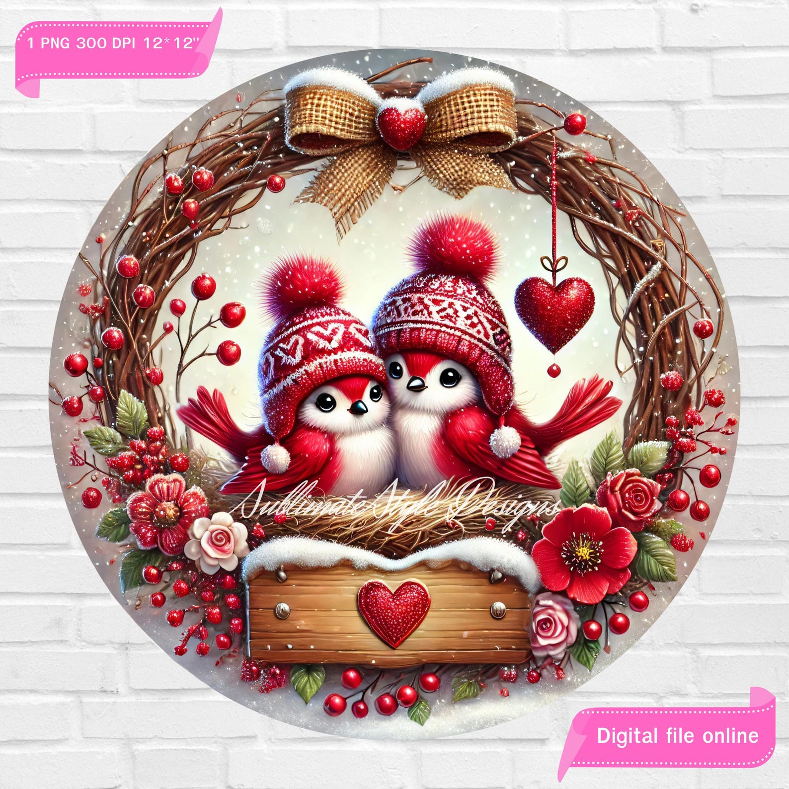 Valentine Love Birds Wreath Sign, Romantic Red Birds Round Sign ...