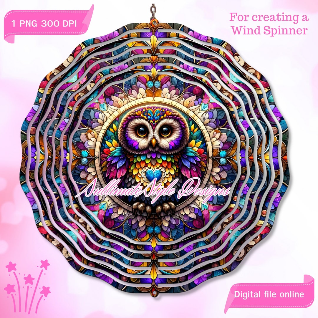 Owl Wind Spinner Stained Glass Sublimation Design, Owl Wind Spinner PNG ...
