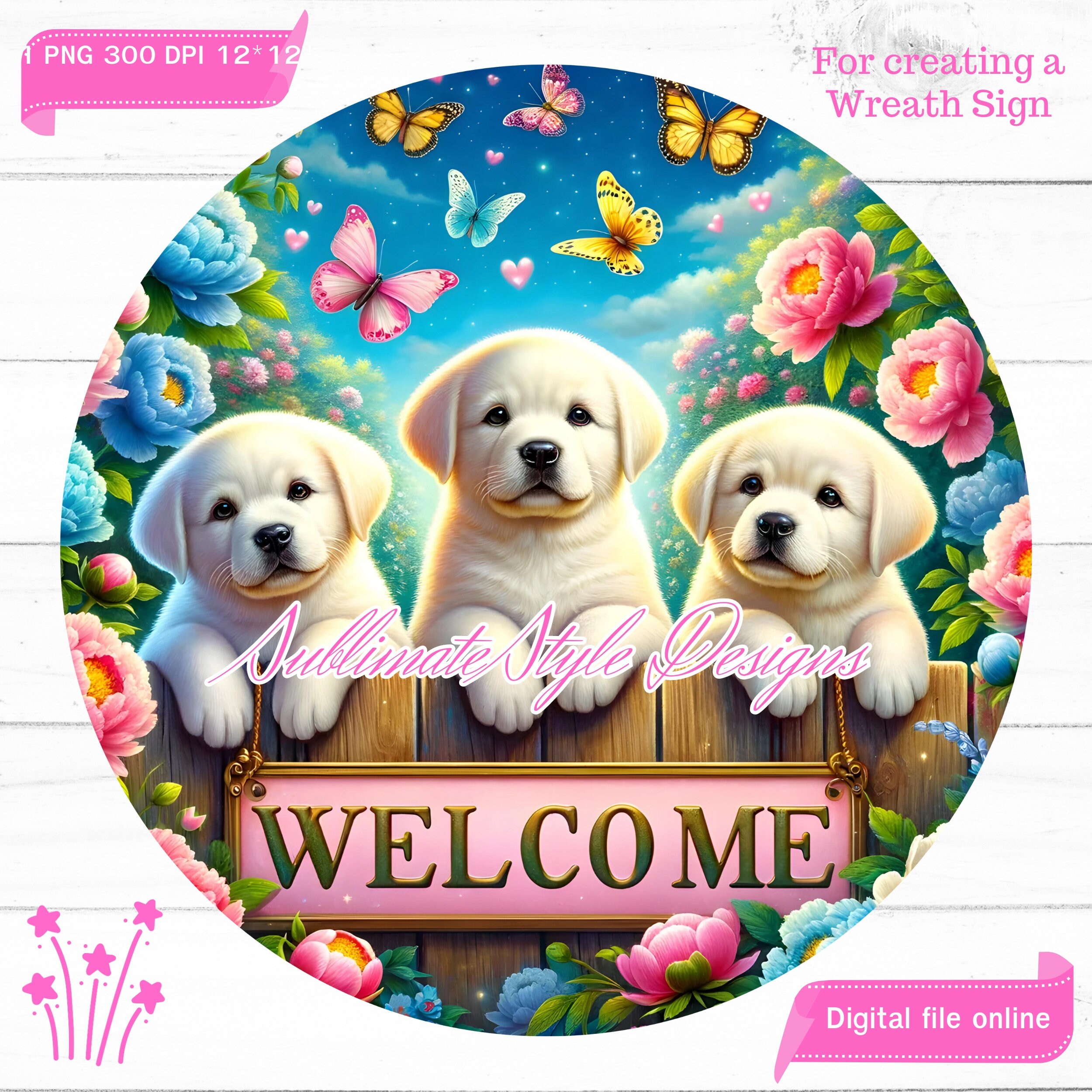 3 White Puppies Welcome Sign, Welcome Wreath Signs, Spring Round Signs ...