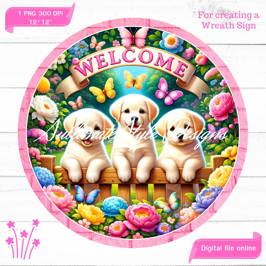 3 White Puppies Welcome Sign, Dog Welcome Wreath Signs, Dog Spring ...