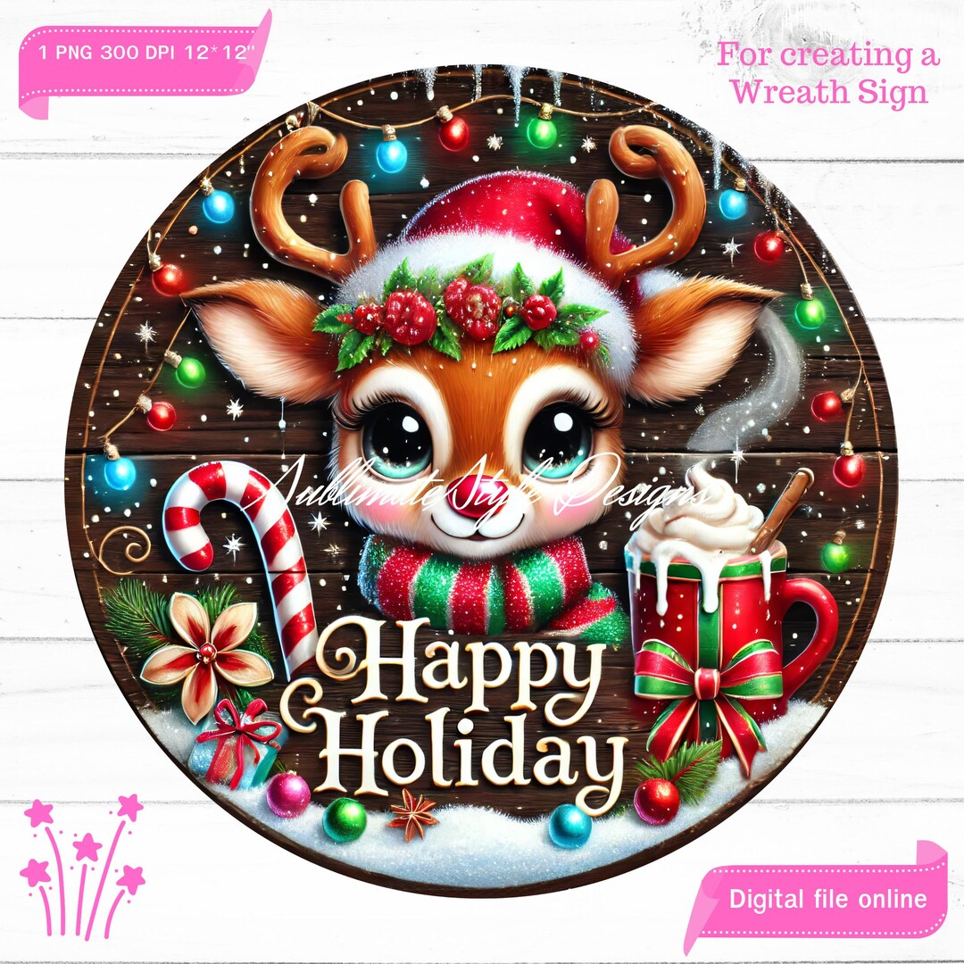 Cute Holiday Reindeer Round Sign, Christmas Wreath Sublimation Design ...