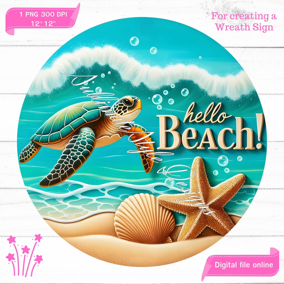 Sea Turtle Hello Beach Wreath Sign, Shells Summer Sign, Summer Round ...