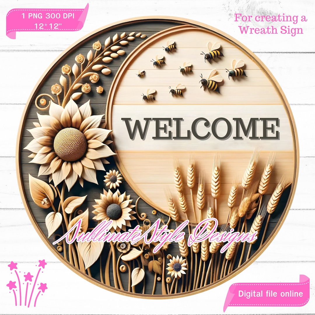 Welcome Sunflower and Bumblebees Spring Sign, Welcome Wreath Signs ...
