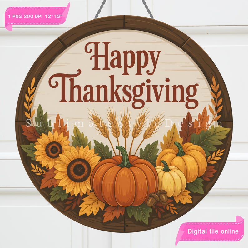 Happy Thanksgiving Round Door Sign Digital Download | Fall Pumpkin ...