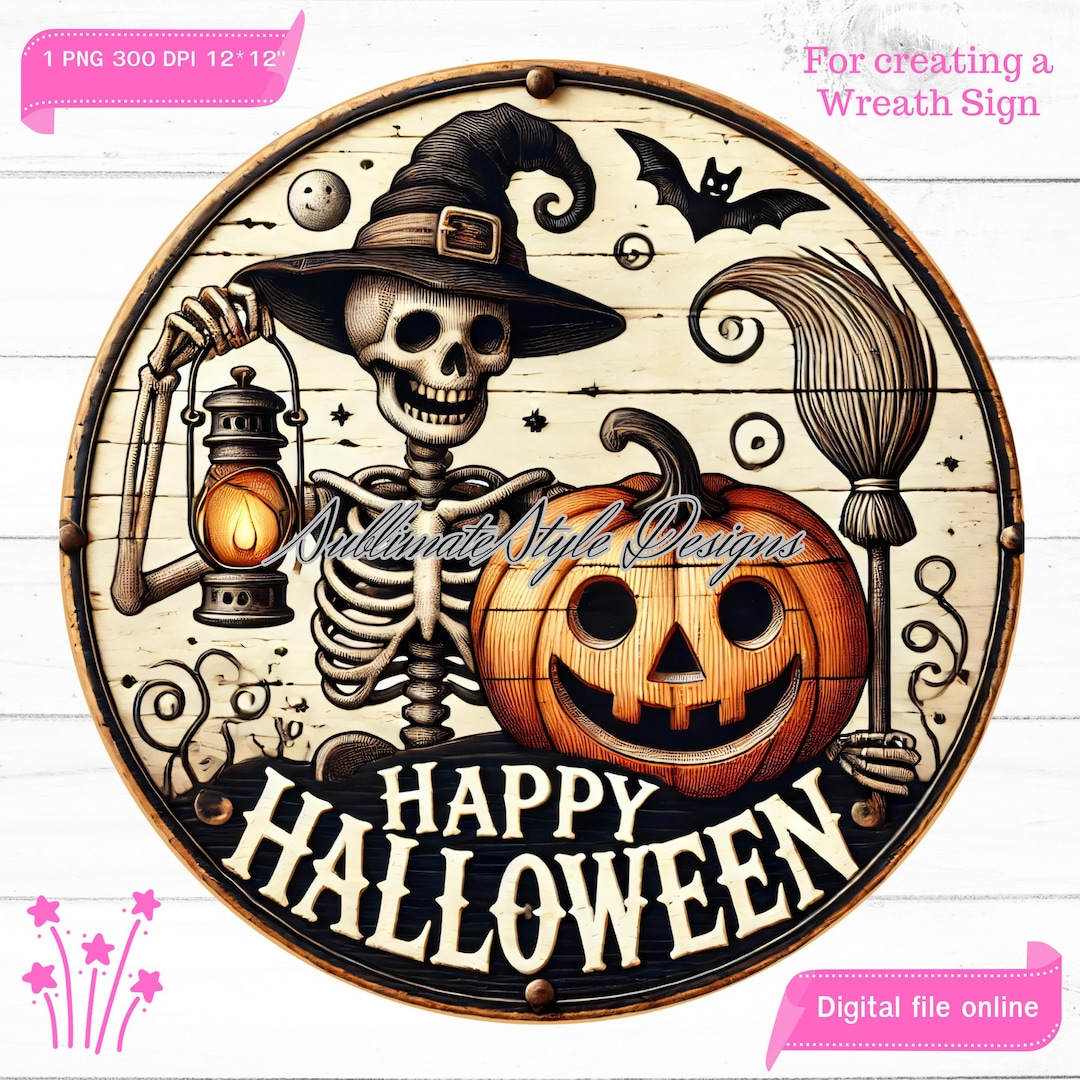 Happy Halloween, Skeleton Wreath Sign, Door Hanger Sublimation, Round ...