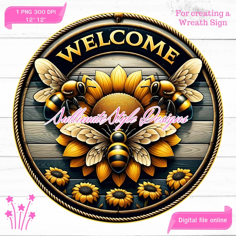 Bumblebees & Sunflower Welcome Sign, Bee Wreath Signs, Spring Round ...