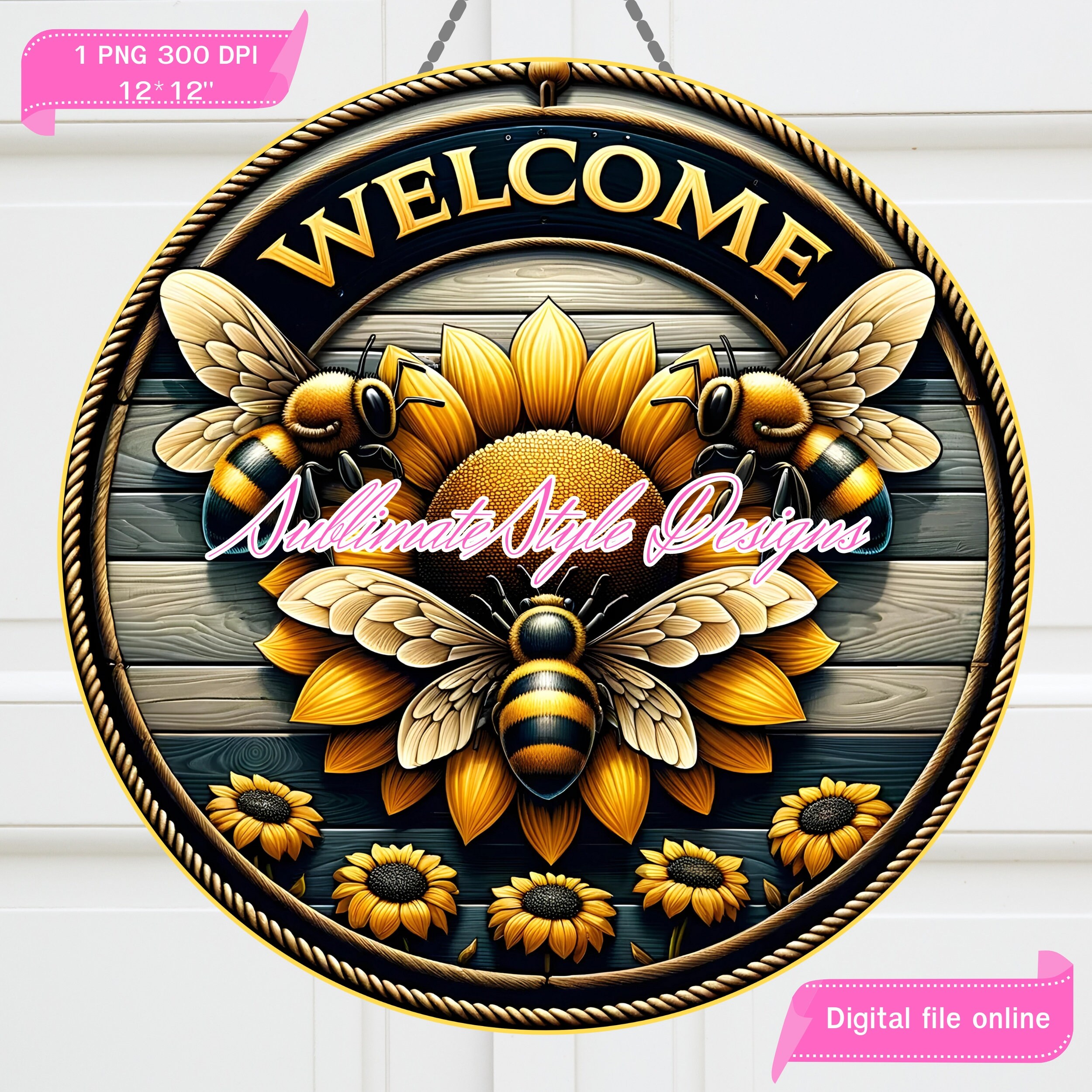 Bumblebees & Sunflower Welcome Sign, Bee Wreath Signs, Spring Round ...