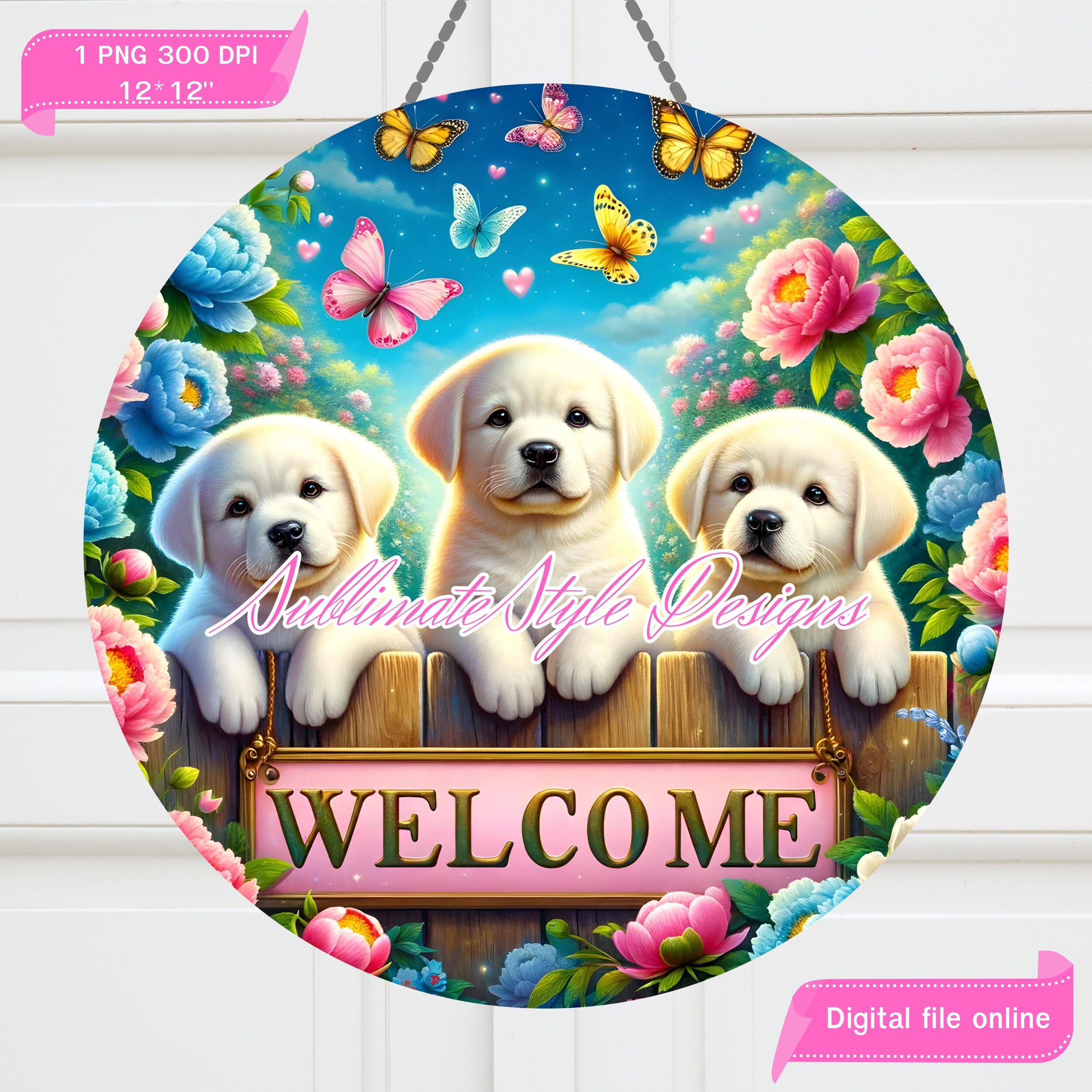 3 White Puppies Welcome Sign, Welcome Wreath Signs, Spring Round Signs ...