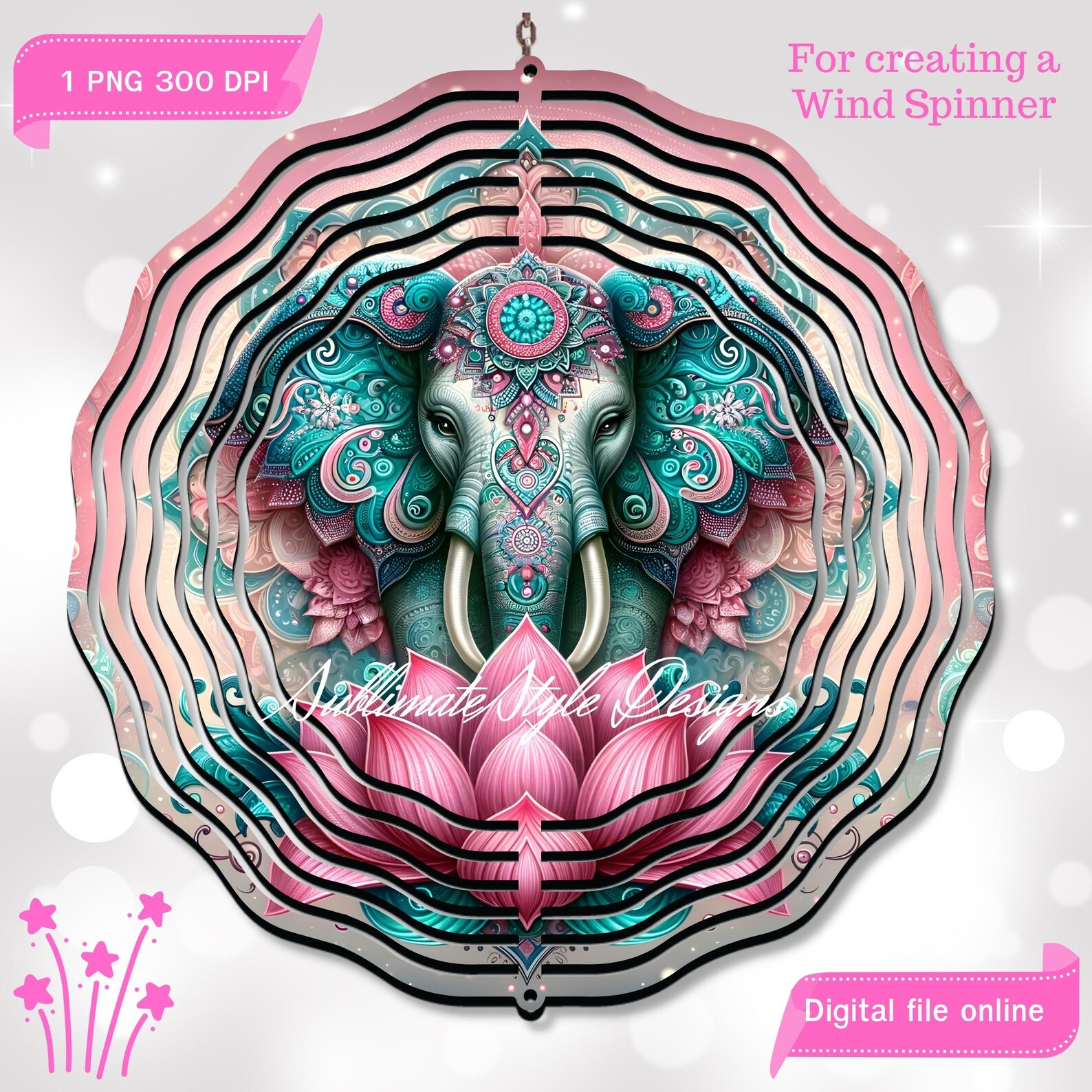 Elephant Mandala Wind Spinner Sublimation Design, Wind Spinner PNG for ...