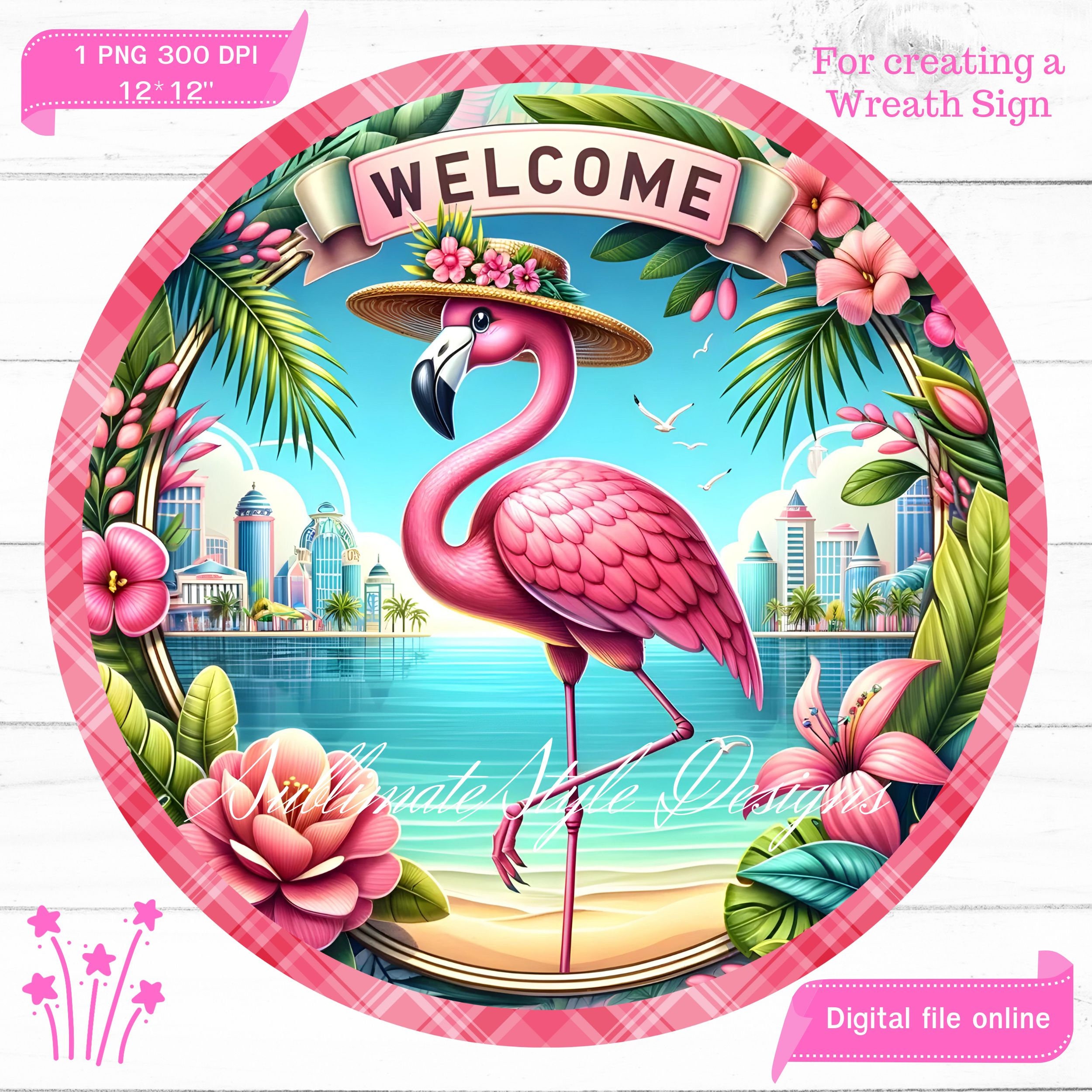Flamingo Wreath Sign, Welcome Wreath Signs, Circle Sign Png, Spring ...