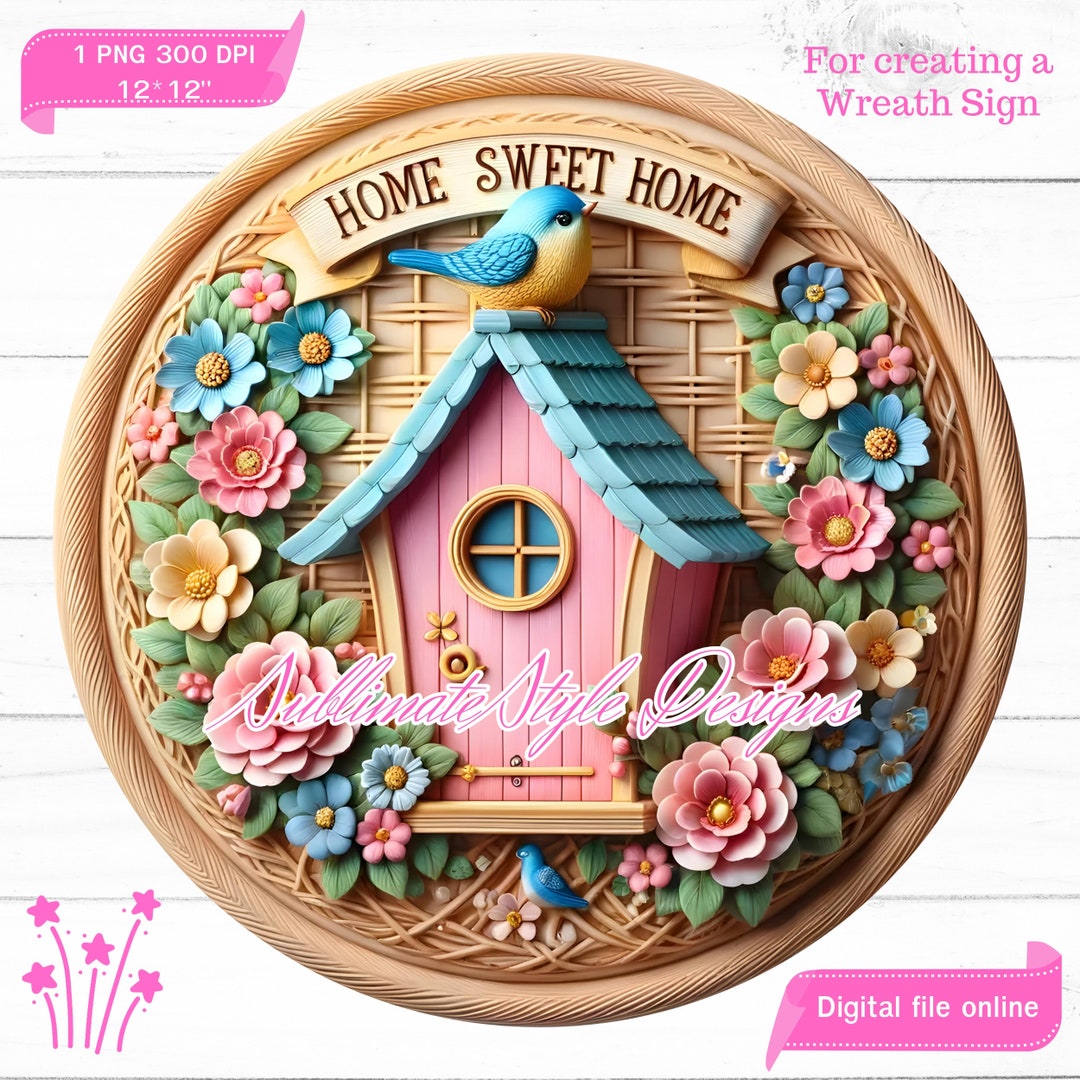 Birdhouse Wreath Sign, Home Sweet Home, Circle Sign. Spring Round Sign ...