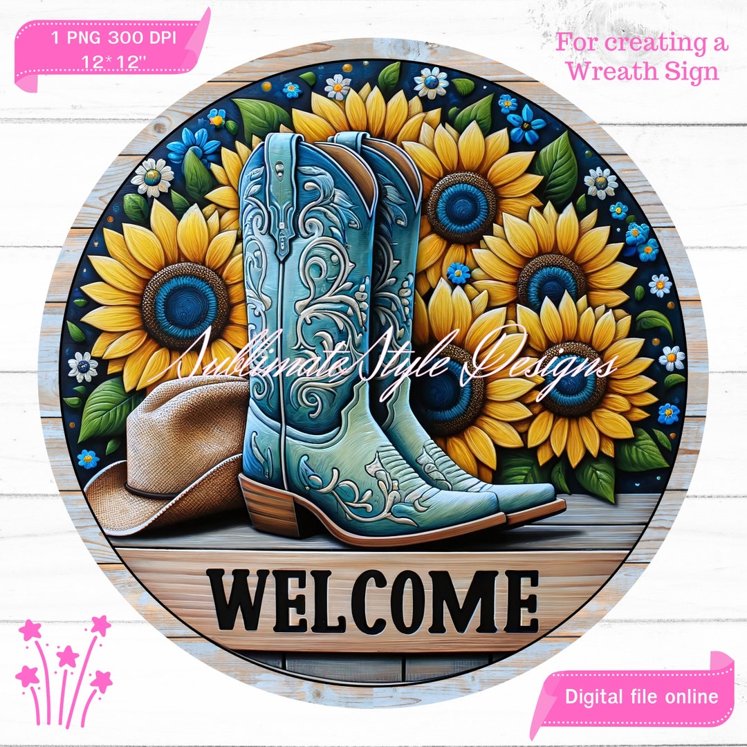 Blue Cowboy Boots Wreath Sign, Welcome Wreath Signs PNG, Spring Round ...