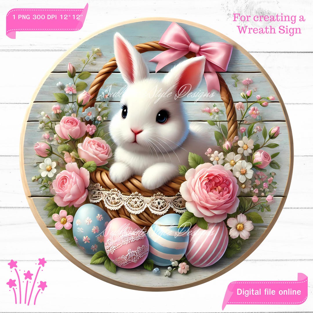 Easter Bunny Wreath Sign, Spring Round Sign Sublimation Design Digital ...