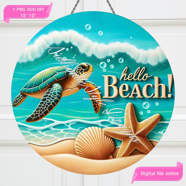 Sea Turtle Hello Beach Wreath Sign, Shells Summer Sign, Summer Round ...