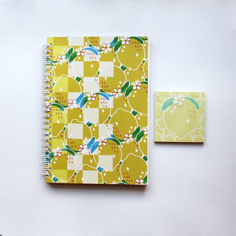 Lemon Stationery Set: Dotted Notebook, Pencil Case, Keychain & Sticky ...