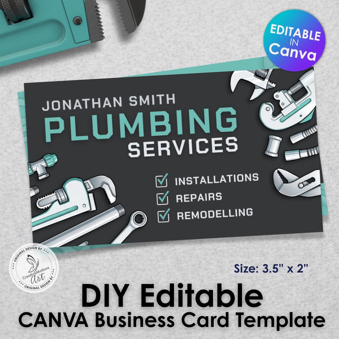 Plumber Card Template | Modern Clean Plumbing Business Card in Canva - Etsy