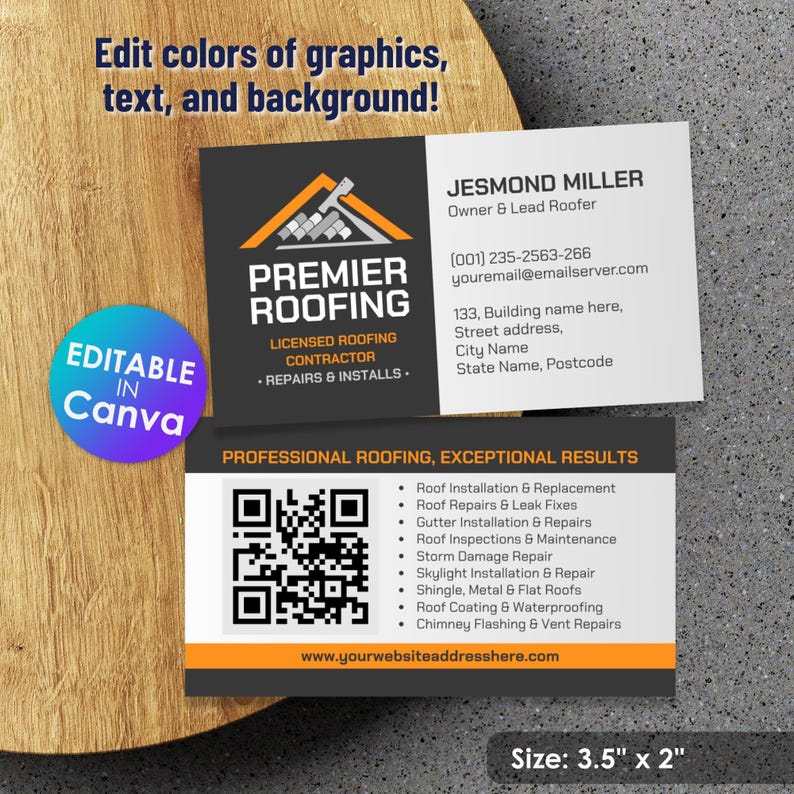 Roofing Contractor Business Card Template: Modern QR Code Design (canva ...