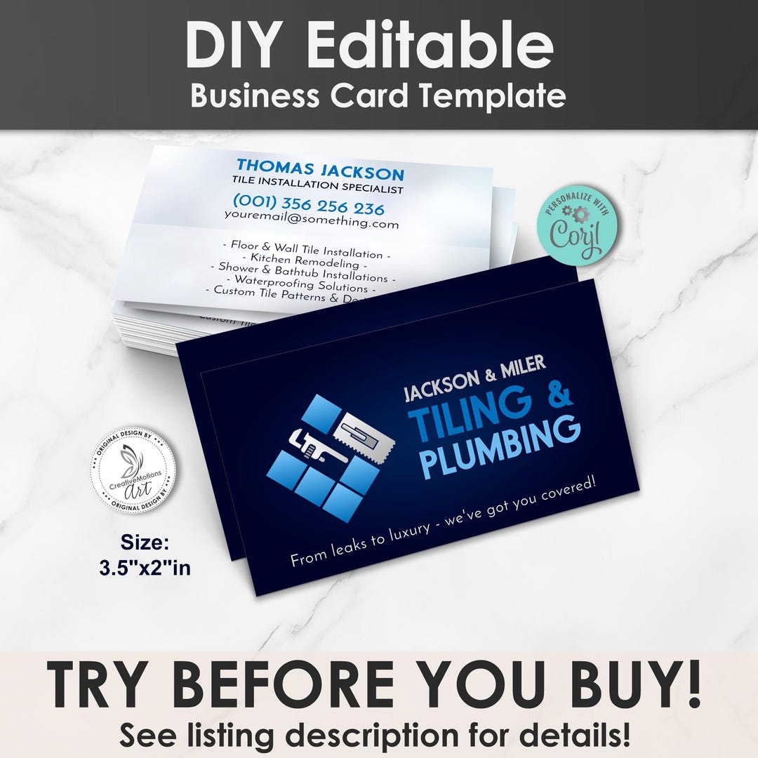 Plumbing and Tiling Services Business Card Editable Corjl Template. - Etsy