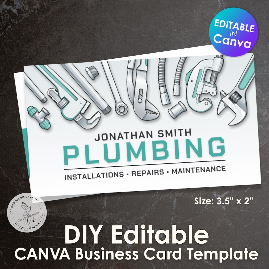 Plumber Card Template | Modern Clean Plumbing Business Card in Canva - Etsy
