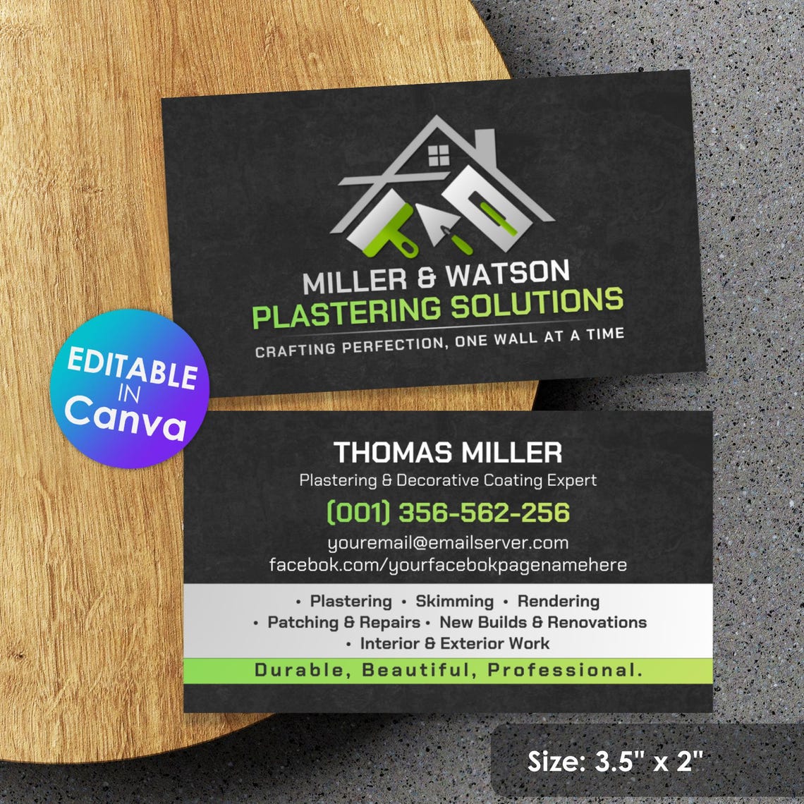 Plastering Services Business Card Editable Canva Template for ...