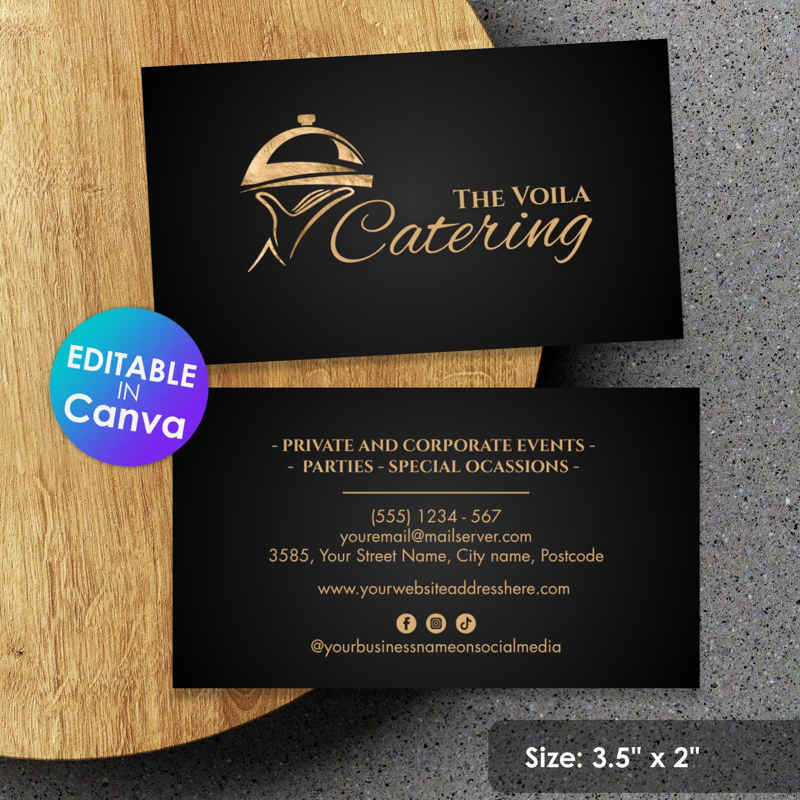 Elegant Black & Gold Catering Business Card Template: Canva Design ...
