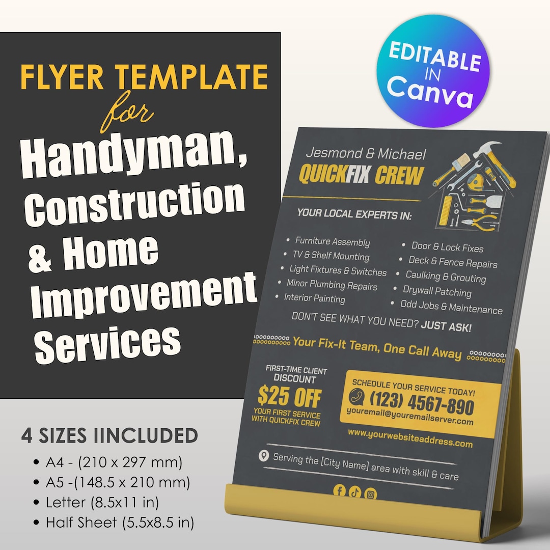 Handyman Service Flyer Template: Yellow Watercolor Design (editable ...