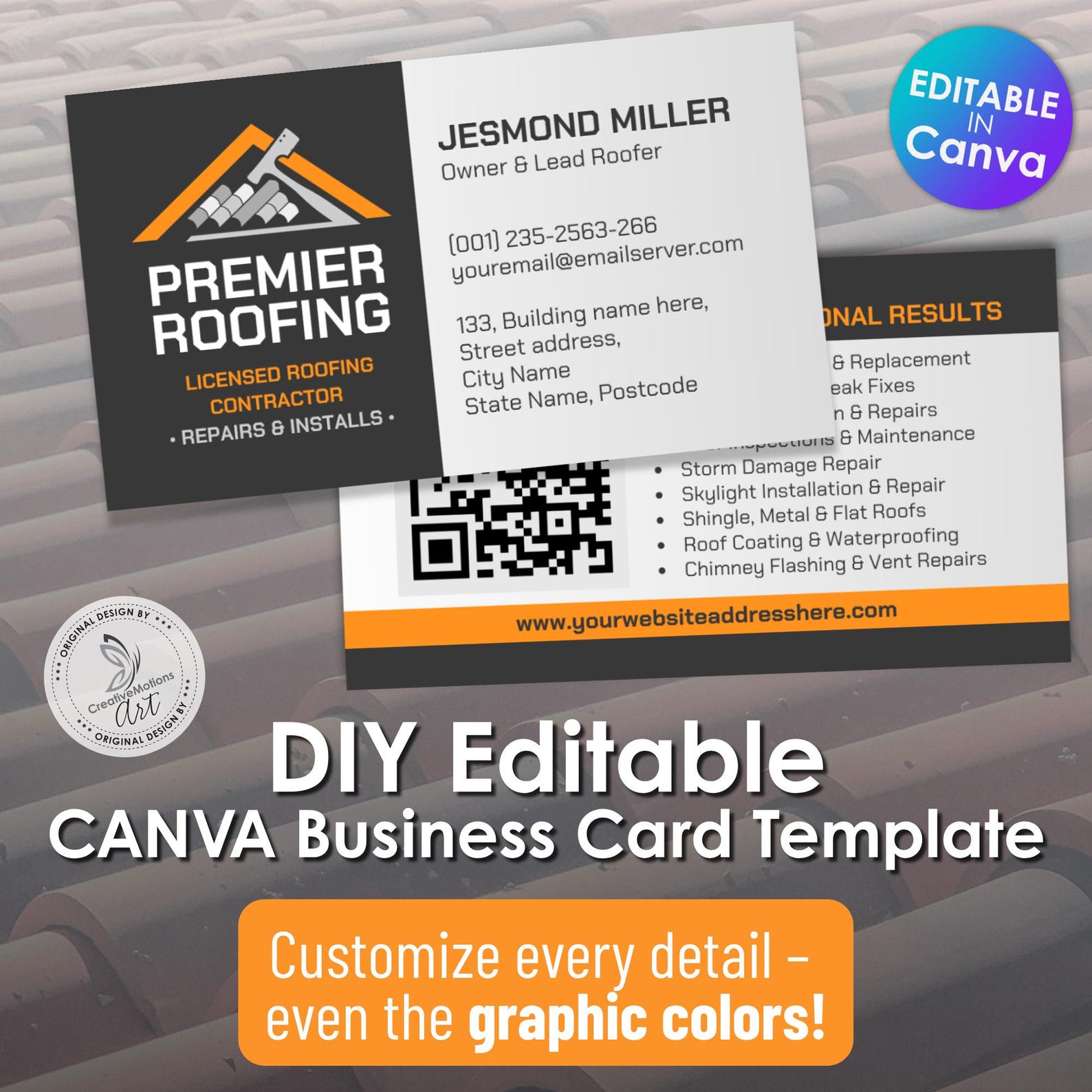 Roofing Contractor Business Card Template: Modern QR Code Design (canva ...