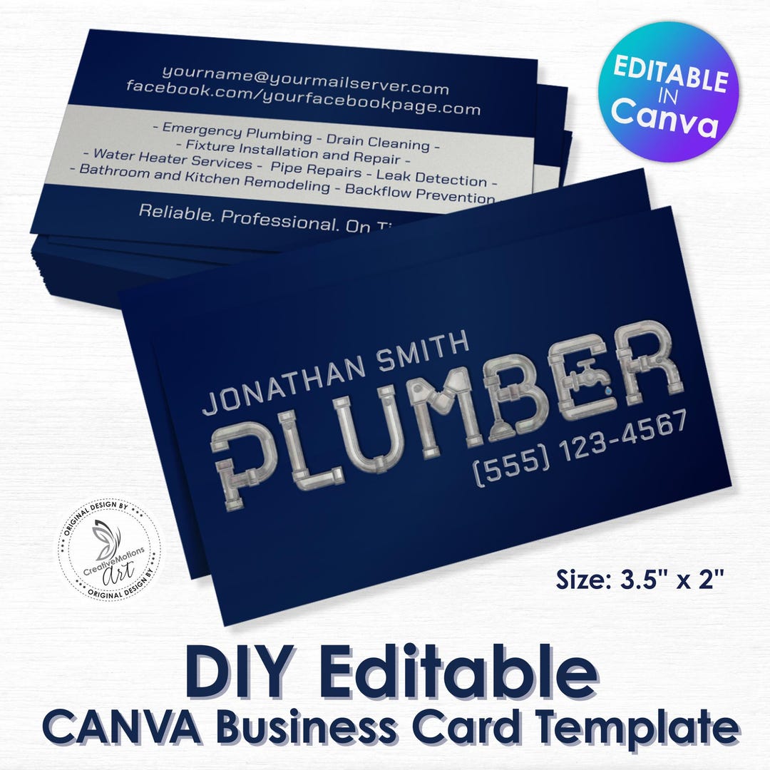 Plumbing Business Card Template Canva: Editable Plumber Card Design ...