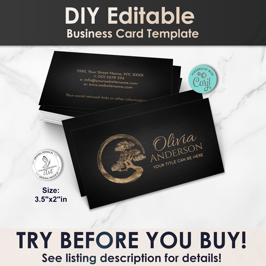 Golden Bonsai Tree Zen Business Card Editable Corjl Template. for ...