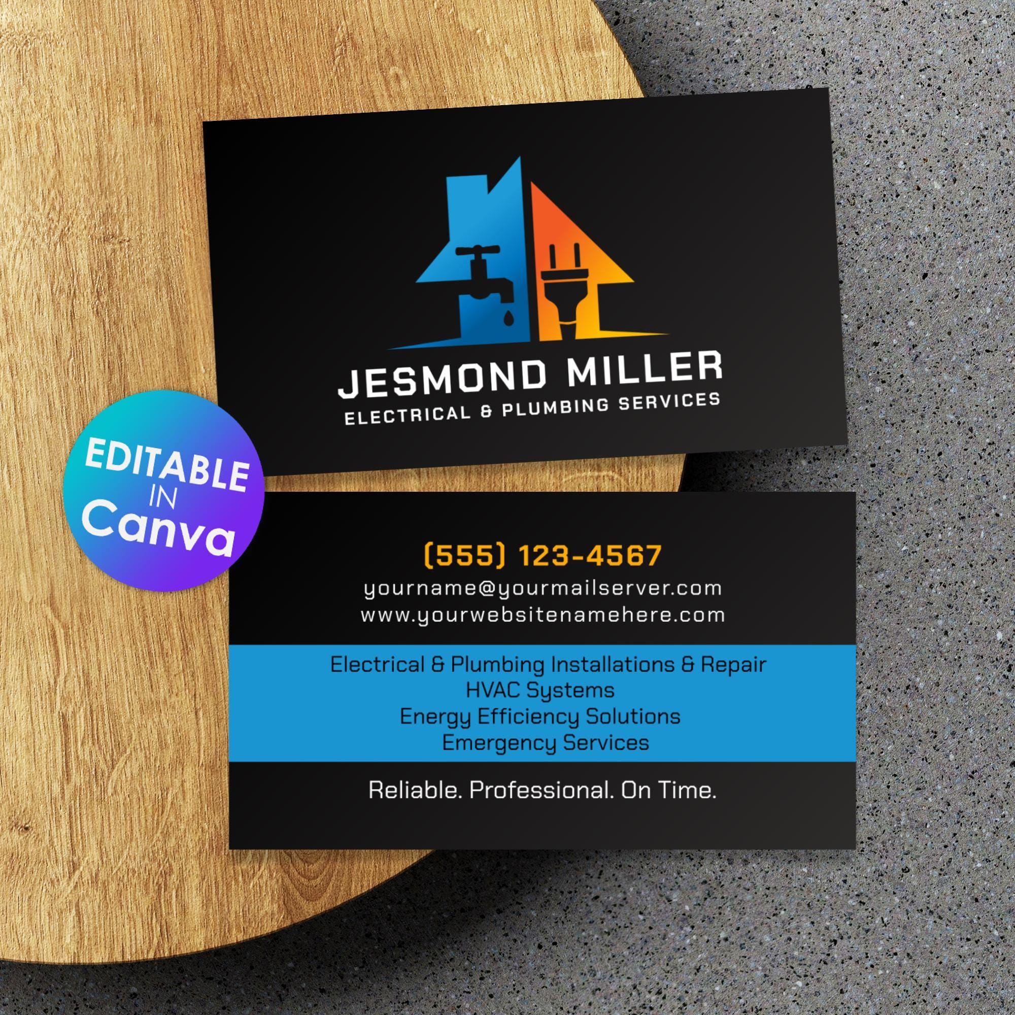 Editable Plumbing & Electrical Business Card Template: Canva Design ...