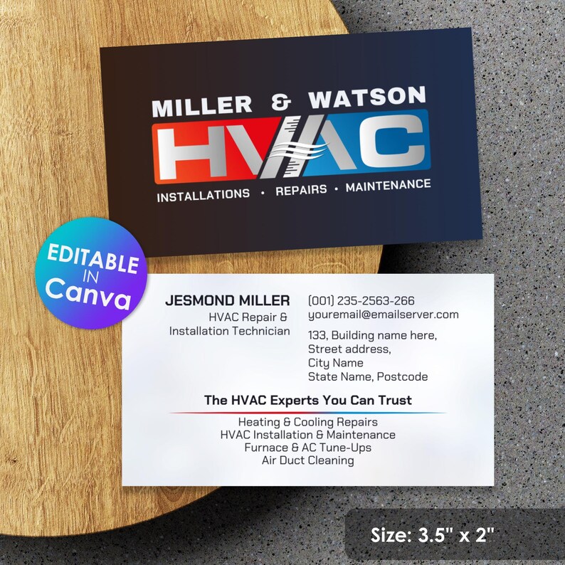 HVAC Services Business Card Template, Editable Canva, Heating AC Repair ...