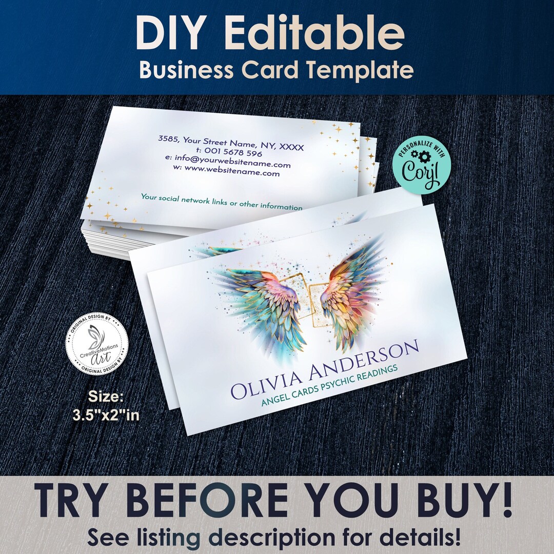 Colorful Glowing Angel Wings Cards Business Card Editable Corjl ...