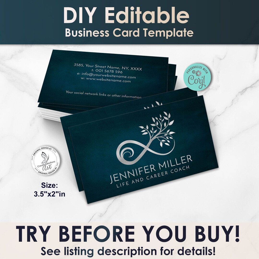 Infinity Symbol Tree Branch Business Card Editable Corjl Template. for ...