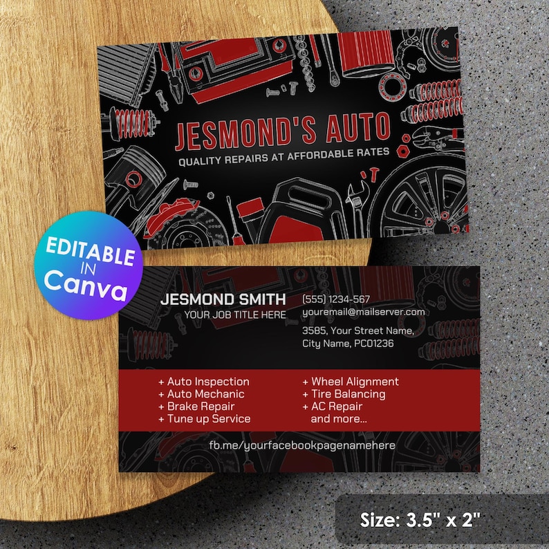 Auto Mechanic Business Card Template: Red & Black Car Parts Design ...