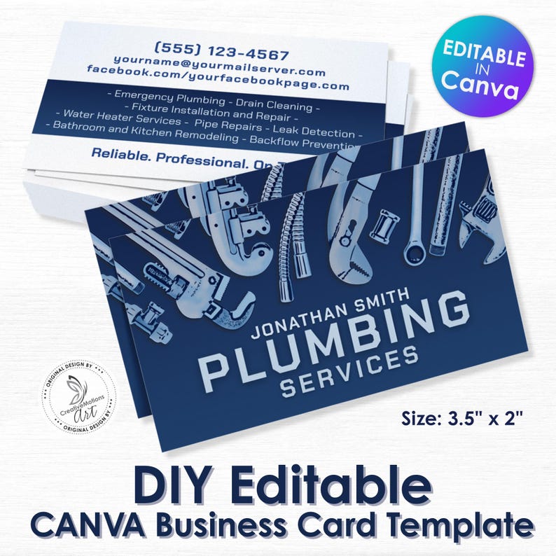 Plumbing Business Card Template Canva: Editable Plumber Card Design ...
