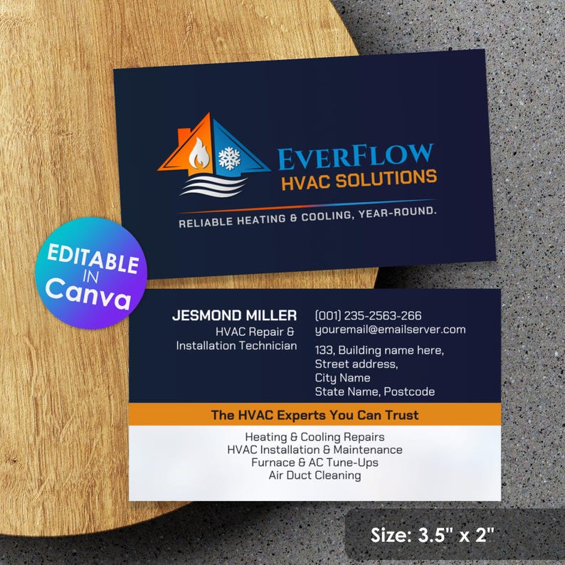 HVAC Business Card Template, Editable Canva, Heating Cooling Repair ...