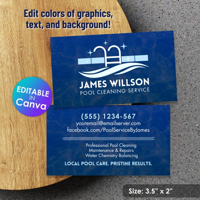 Pool Cleaning Business Card Template: Modern Design (canva Editable ...