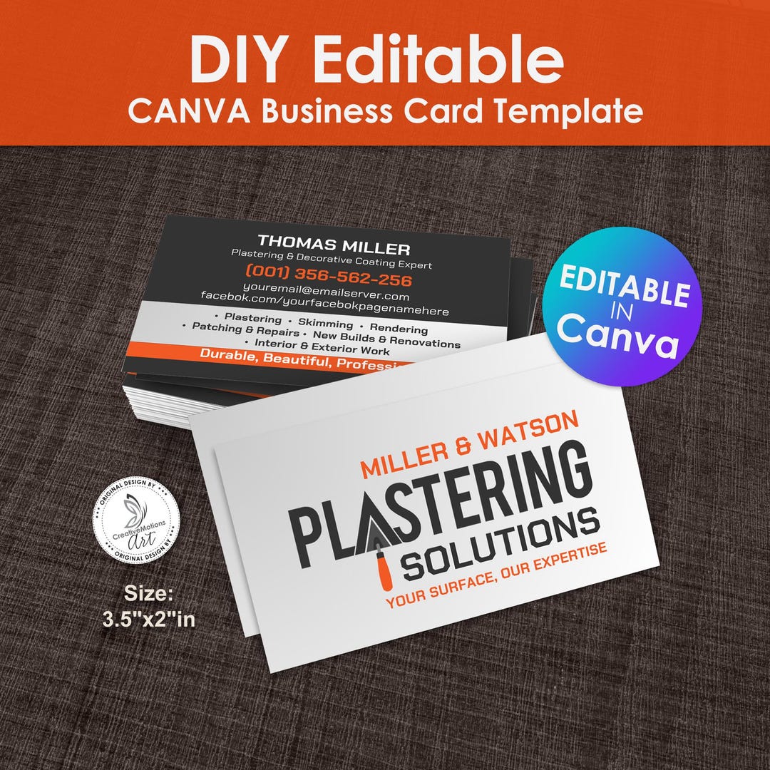 Plastering Services Business Card Editable Canva Template for ...